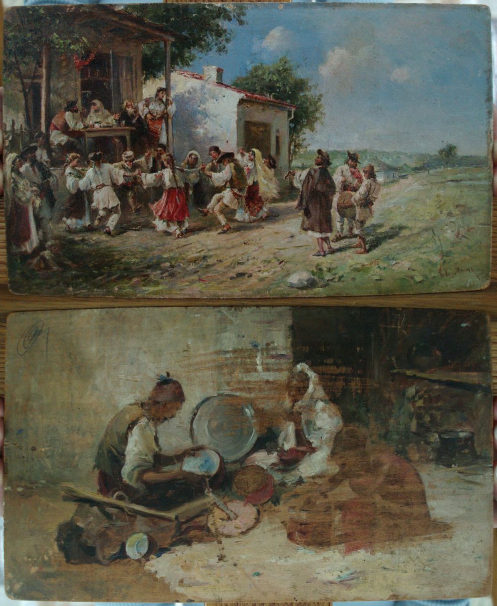 pictură de șevalet. Aman, Theodor. Joc la țară / verso: Schiță pentru ...