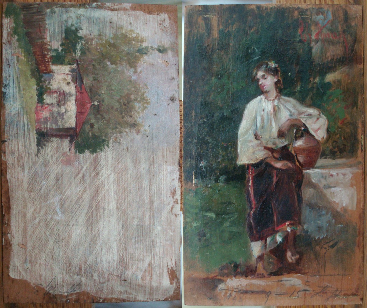 pictură de șevalet. Aman, Theodor. Fata cu ulciorul lângă fântână ...