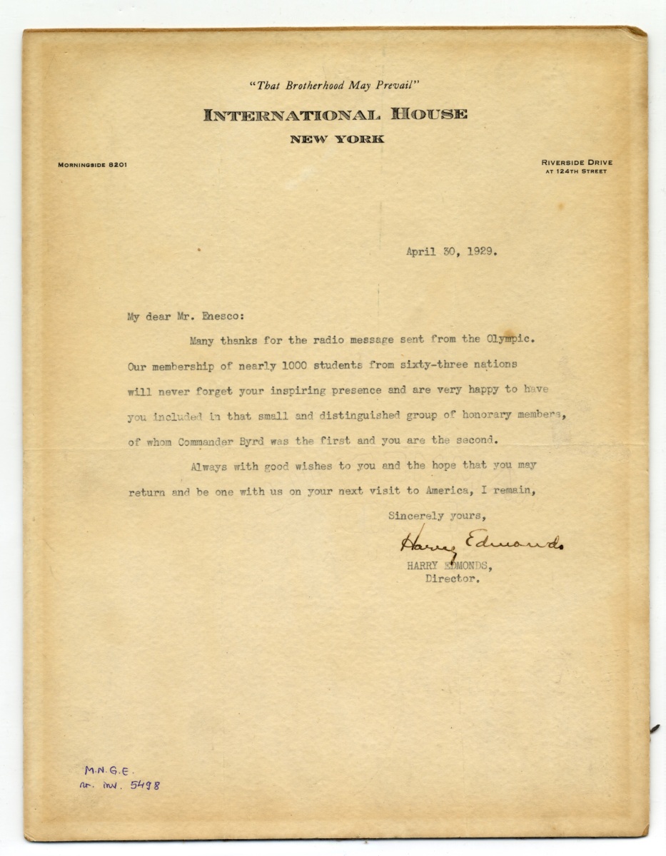 Scrisoare trimisă lui George Enescu de către Harry Edmonds, director al ...